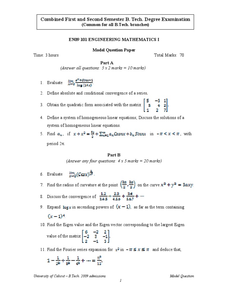 B.Tech Engineering Math Exam | PDF | Fourier Series | Trigonometric ...