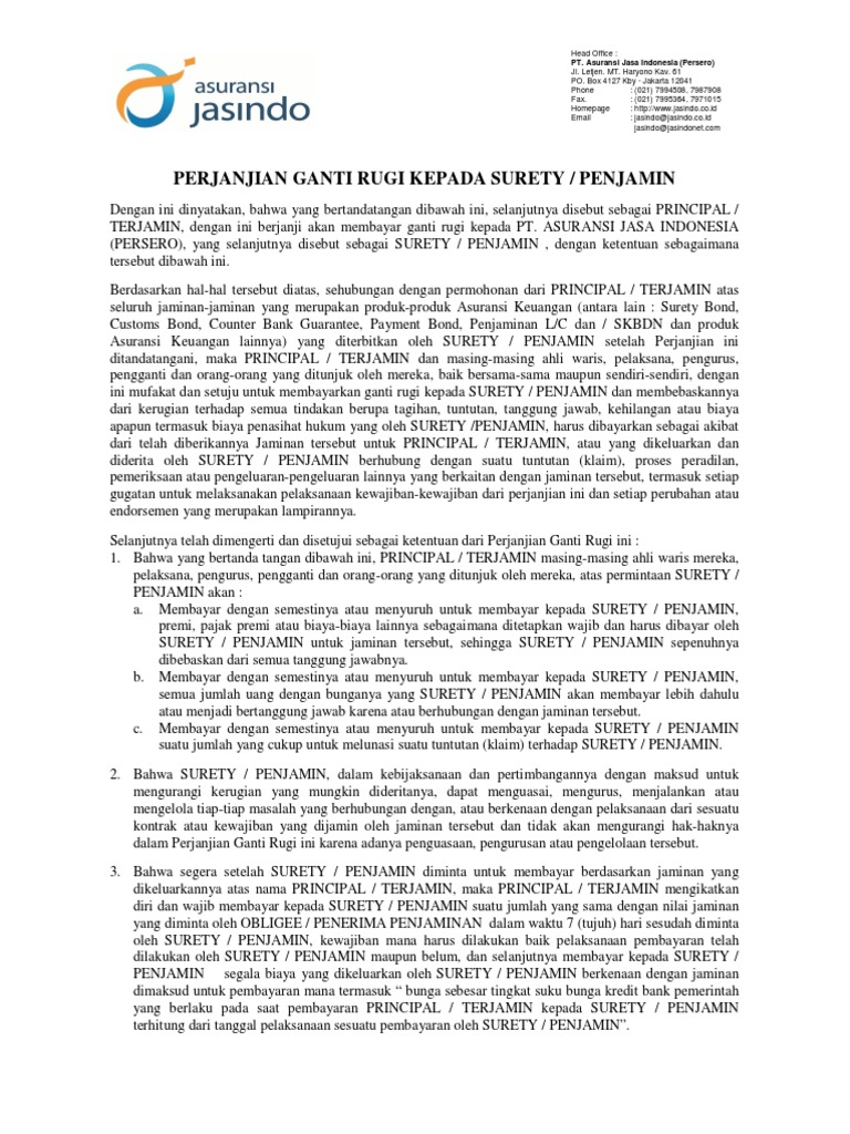 Form Perjanjian Ganti Rugi Kepada Surety | PDF