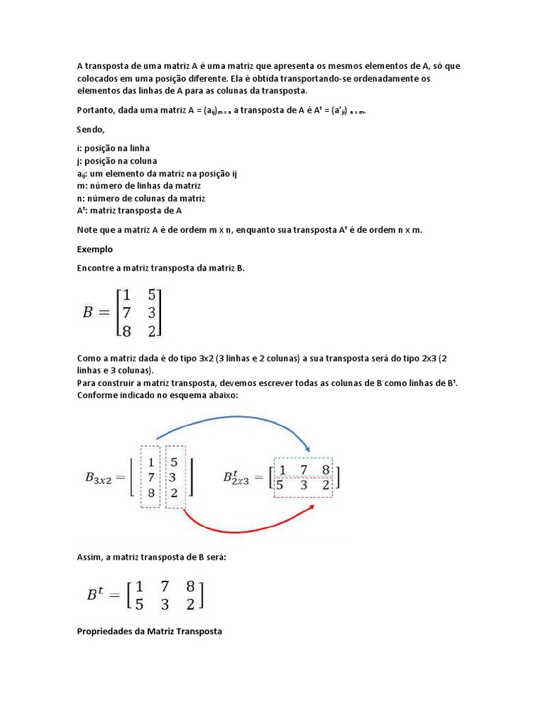 A Transposta de Uma Matriz A É Uma Matriz Que Apresenta Os Mesmos ...