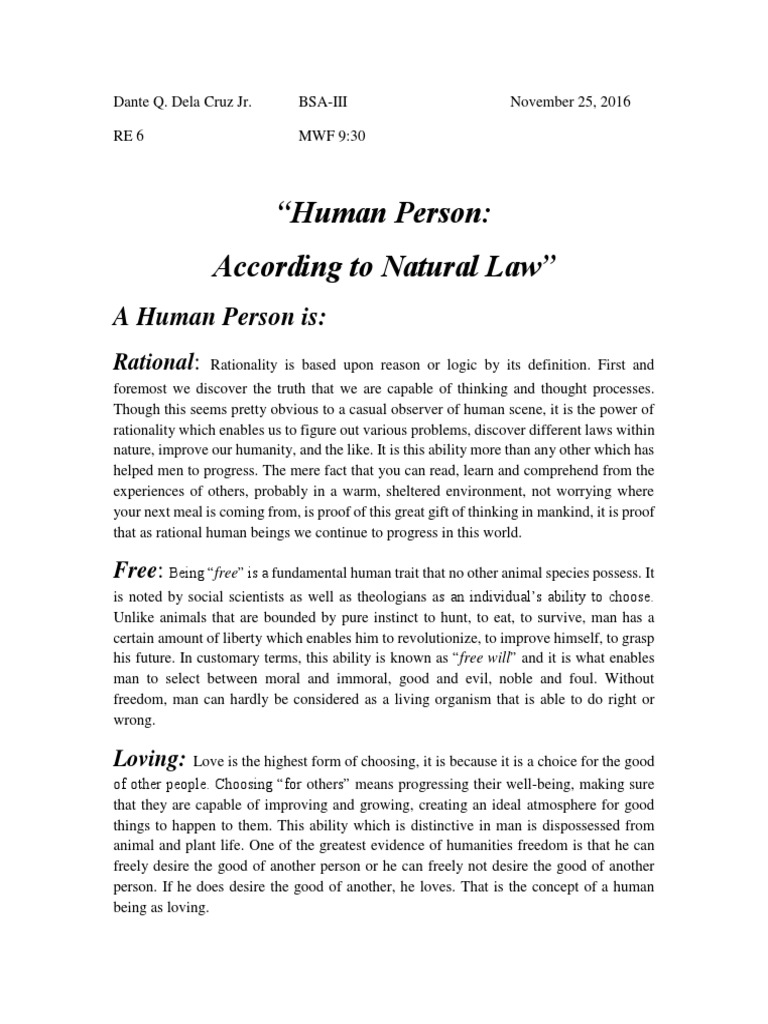 Human Person: According To Natural Law | PDF | Free Will | Rationality