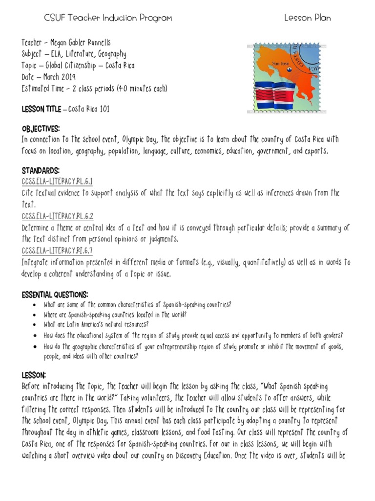Global Citizenship Lesson - Costa Rica | PDF | Lesson Plan | Teachers