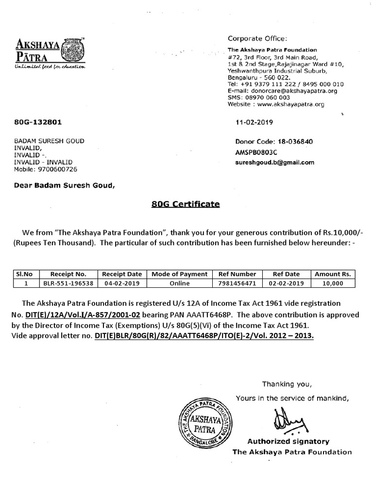 80G Certificate Akhaya Patra | PDF