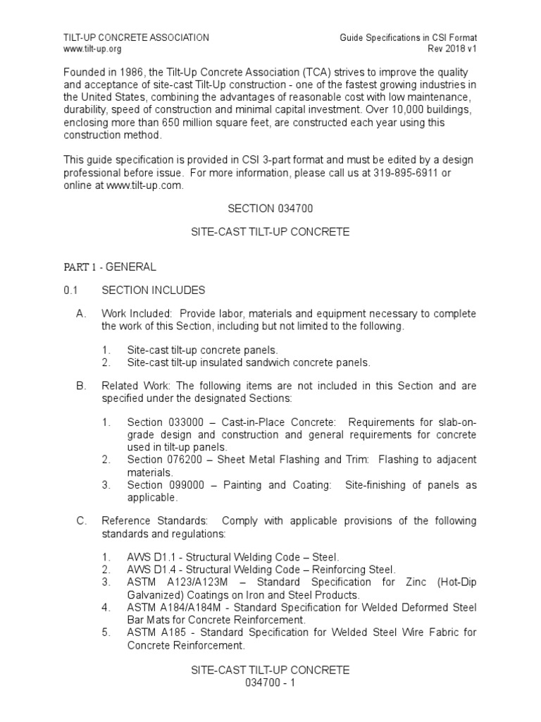 Tilt-Up Concrete Association Guide Specifications in CSI Format Rev ...