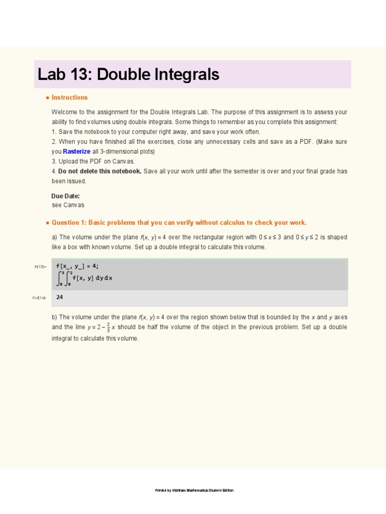 Lab 13: Double Integrals: Instructions | PDF | Integral | Volume