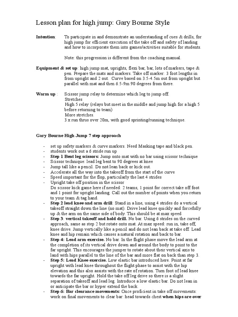 Lesson Plan For High Jump Gary Bourne Style 1 | PDF | Takeoff | Human Leg