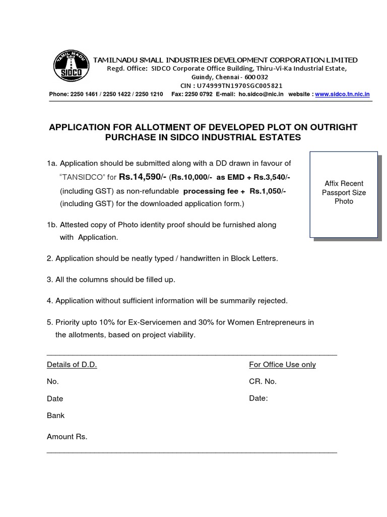 Land Allotment Application for SIDCO | PDF | Business | Economies