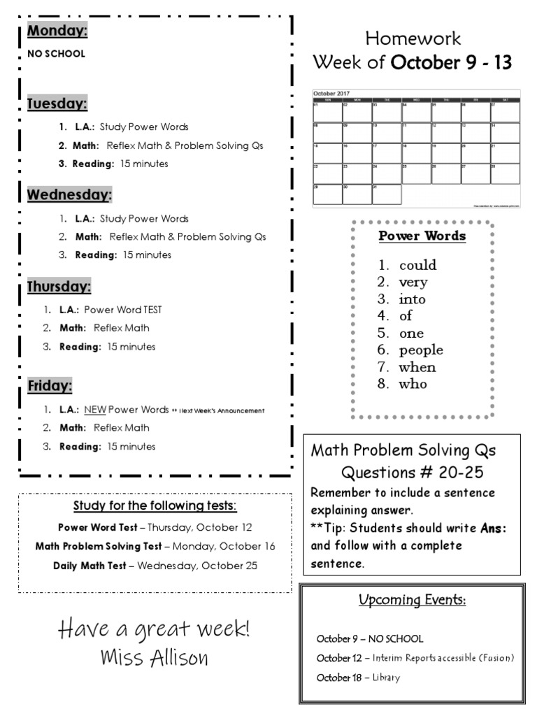 Weekly Homework Assignments: Oct 9-13 | PDF