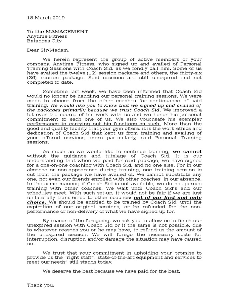 Letter To Anytime Fitness | PDF | Social Institutions | Social Science