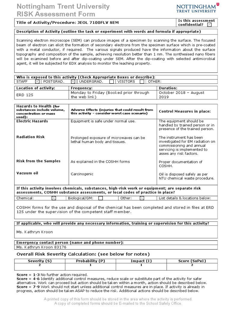 Risk Assessment Form - JEOL 7100FLV SEM - Vysakh - MRes Mol Micro | PDF ...