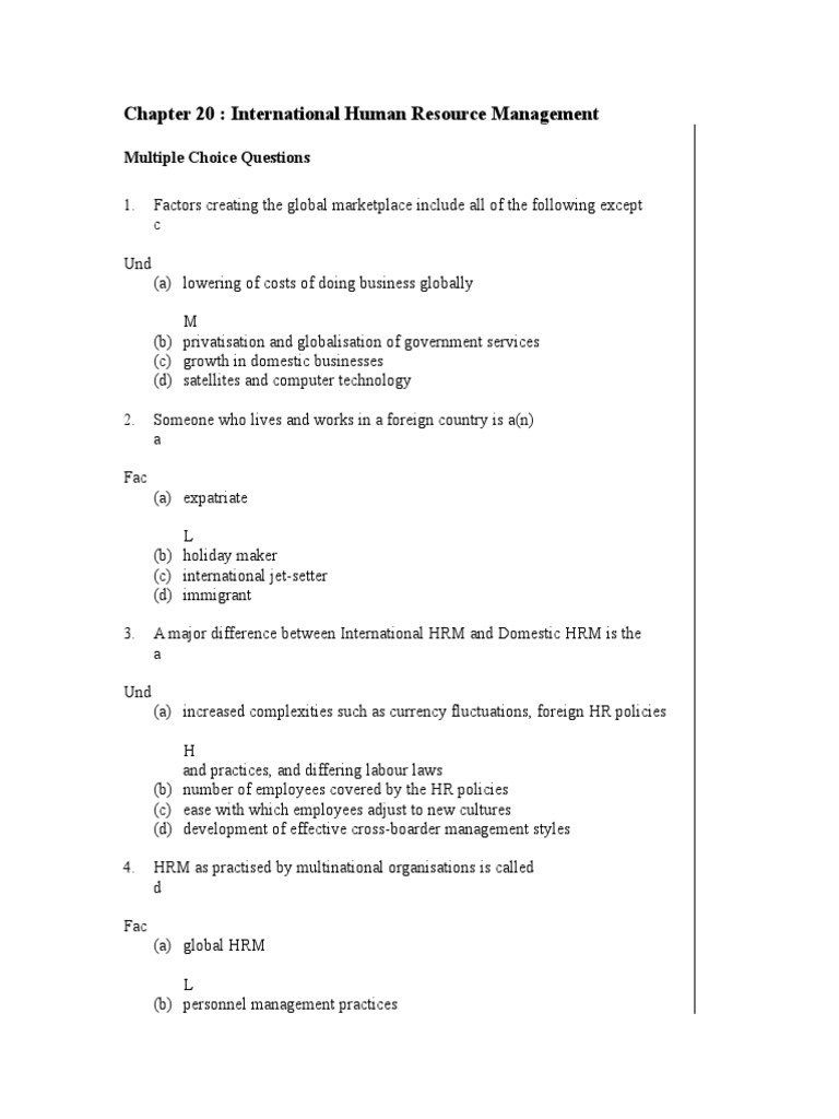 Chapter 20: International Human Resource Management: Multiple Choice Questions | PDF | Human ...