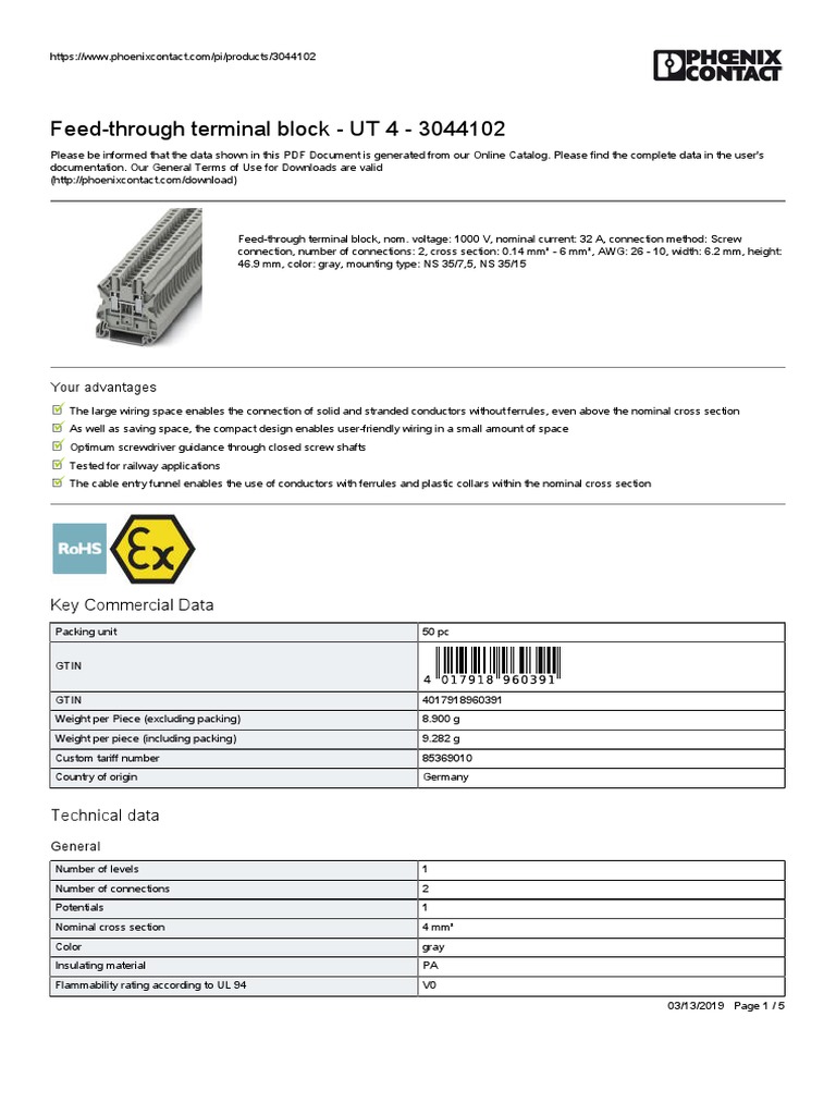Feed-Through Terminal Block - UT 4 - 3044102: Key Commercial Data | PDF ...