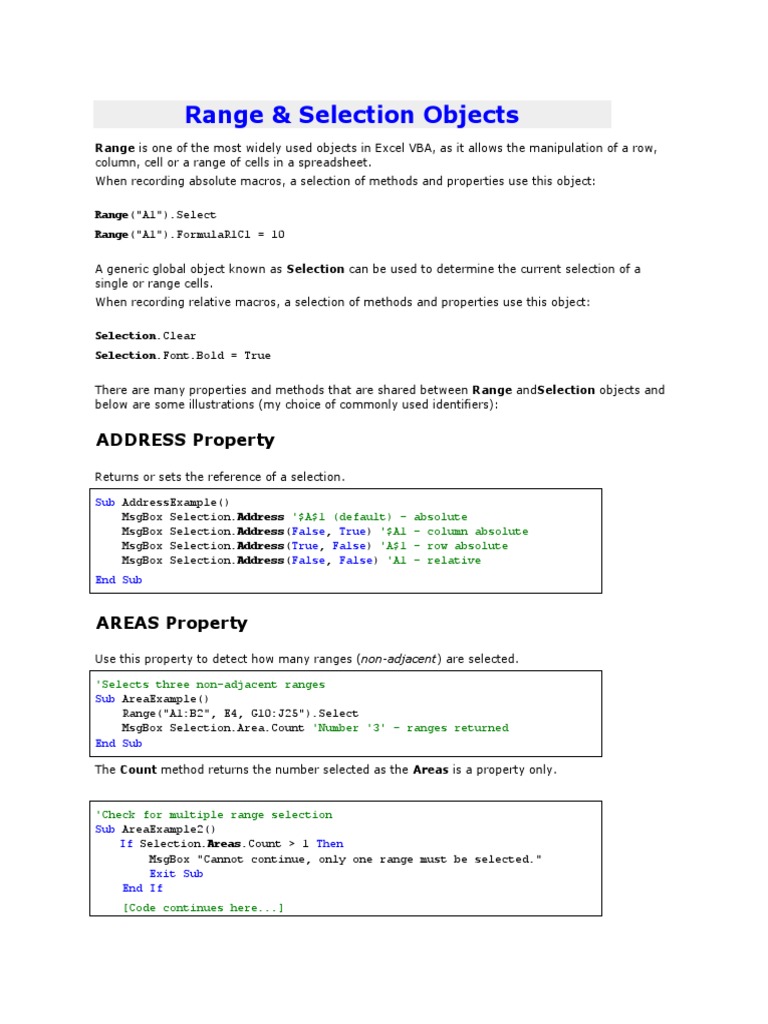 Range & Selection Objects | PDF | Control Flow | Microsoft Excel