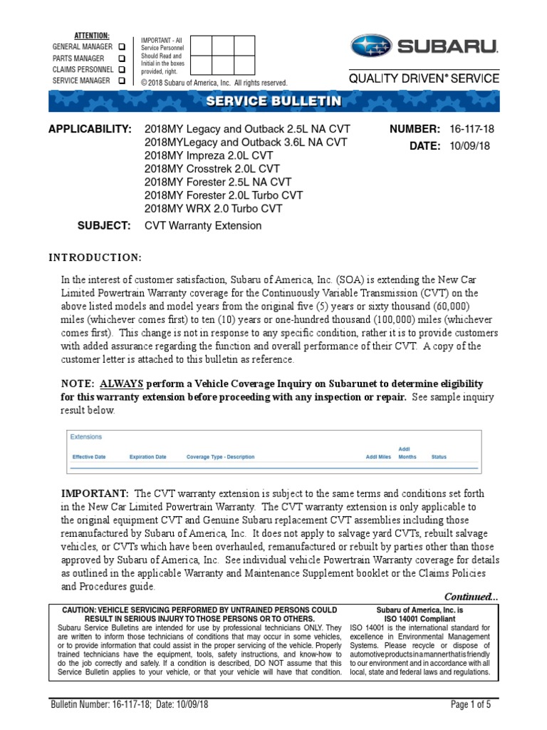 Subaru CVT Warranty Extension Service Bulletin | PDF | Transmission ...