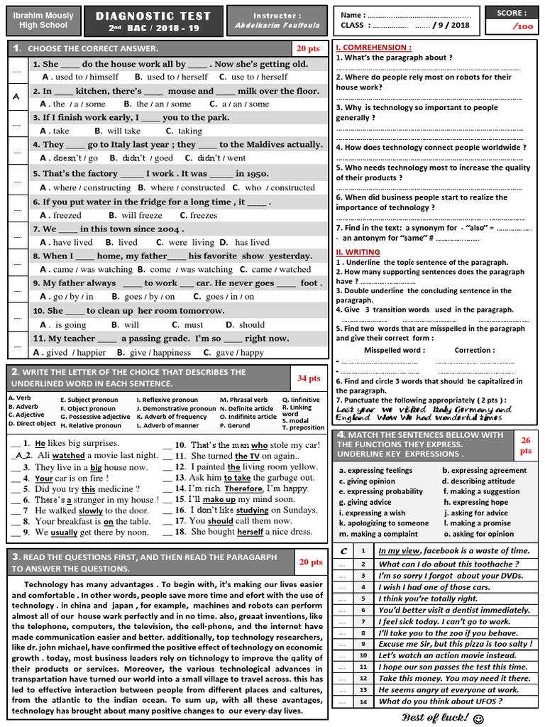 2nd Bac Diagnostic Test | PDF | Verb | Adverb