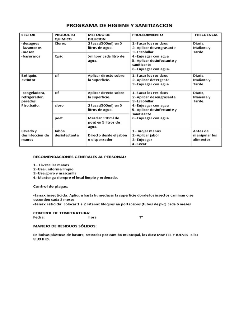 Programa de Higiene y Sanitizacion | PDF | Agua | Materiales