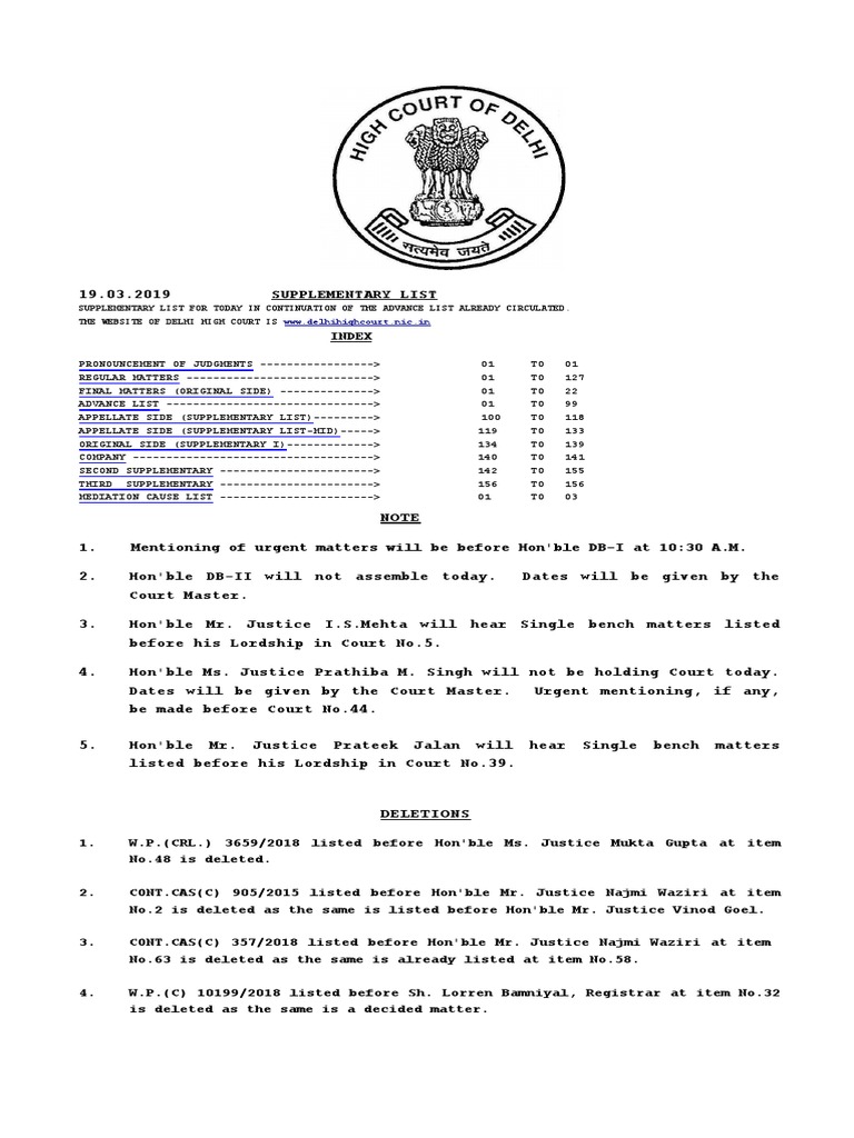 Supplementary List For Today in Continuation of The Advance List ...