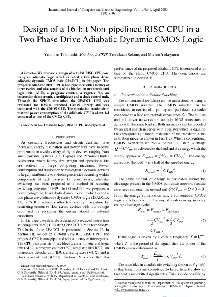 Design of A 16-Bit Non-Pipelined RISC CPU in A Two Phase Drive Adiabatic Dynamic CMOS Logic ...