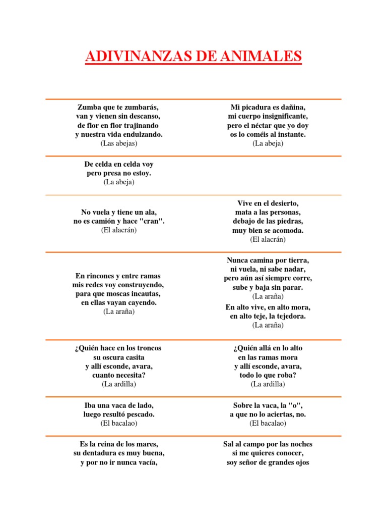Adivinanzas sobre animales del bosque y la granja | PDF | Pollo | Gatos