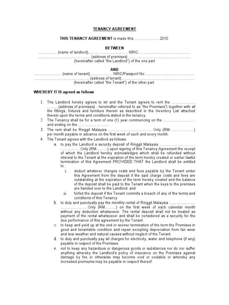Tenancy Agreement Template Malaysia | PDF | Leasehold Estate | Landlord