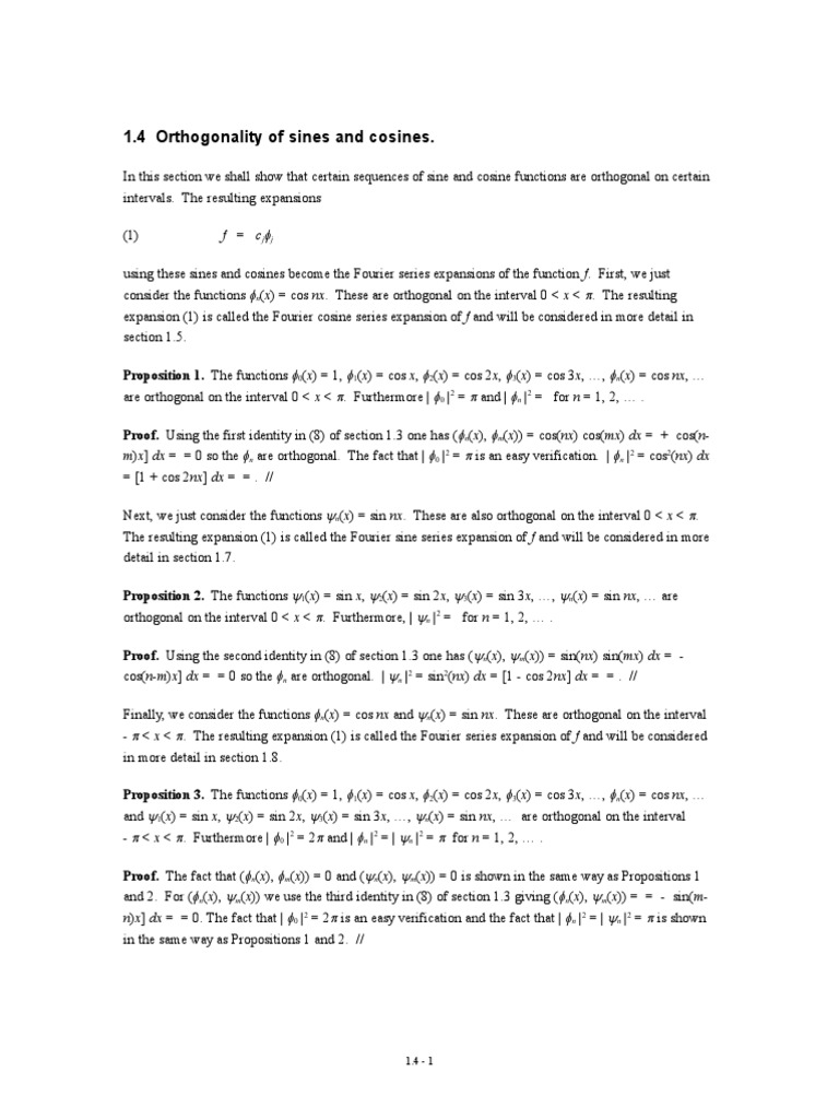 1.4 Orthogonality of Sines and Cosines | PDF | Fourier Series | Trigonometric Functions