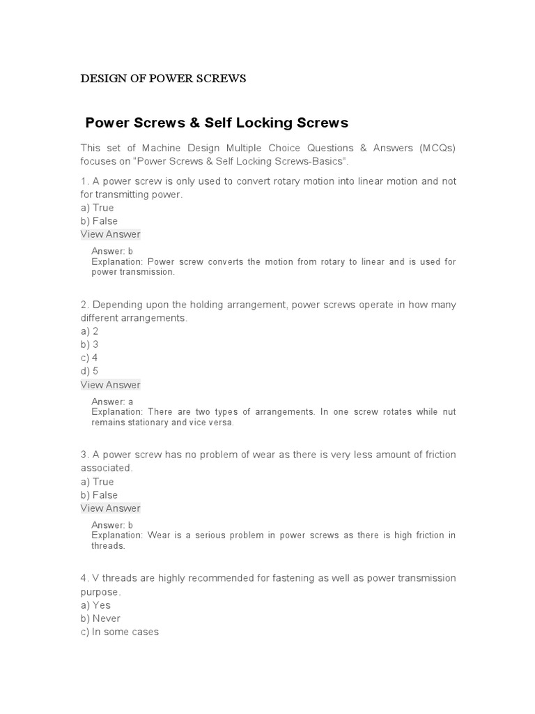 Design of Power Screws | PDF | Friction | Screw