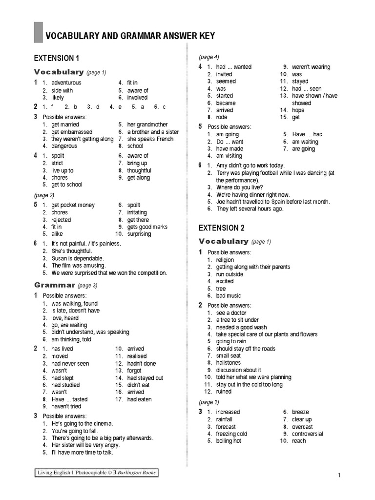 Vocabulary and Grammar Answer Key: Extension 1 | PDF