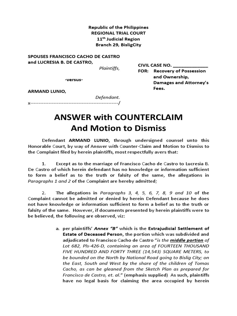 Answer With Counterclaim And Motion to Dismiss | Lawsuit | Complaint ...
