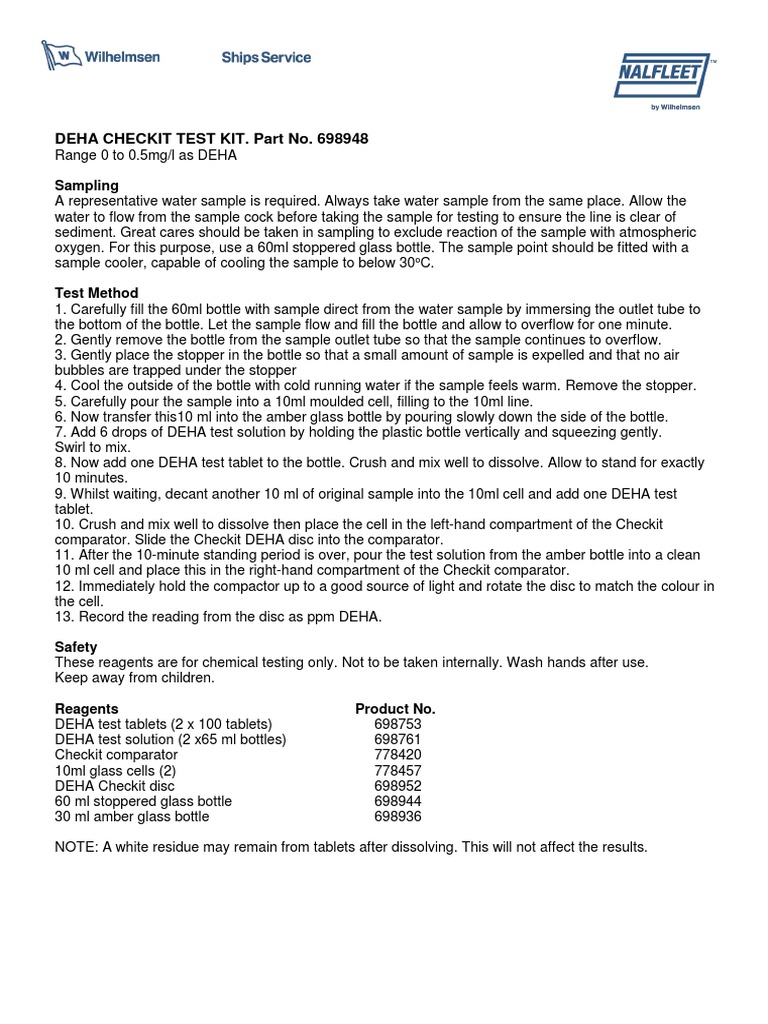 Deha Checkit Test Kit. Part No. 698948: Sampling | PDF | Glasses | Water