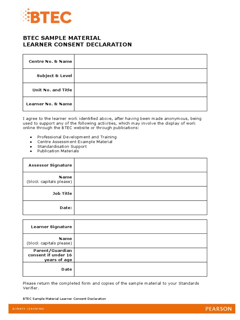 Btec Sample Material Learner Consent Declaration: Centre No. & Name | PDF