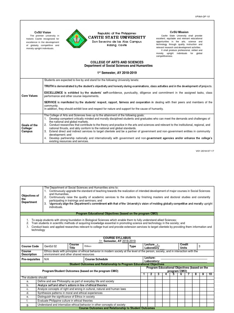 CvSU Core Values and Ethics Course Syllabus | PDF | Lecture | Science