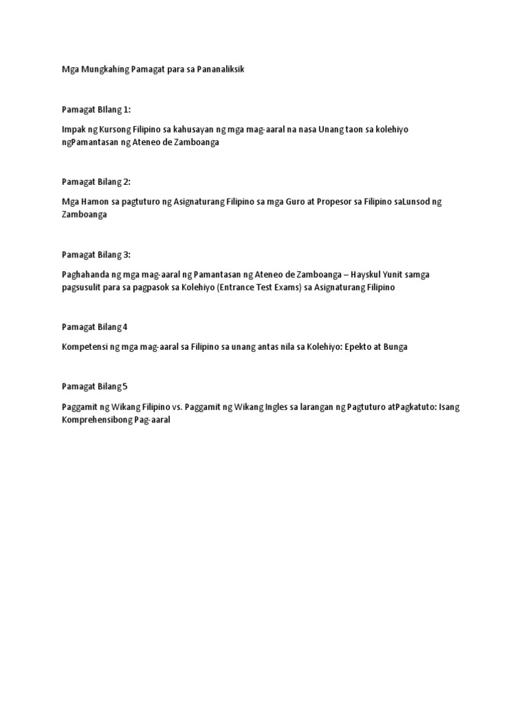 Mga Mungkahing Pamagat para Sa Pananaliksik | PDF