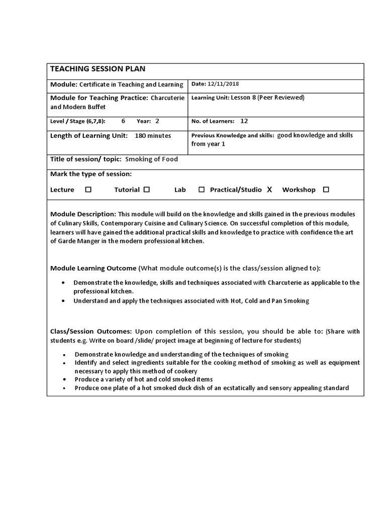 Teaching Session Plan: Tutorial Lab Practical/Studio X Workshop | PDF ...