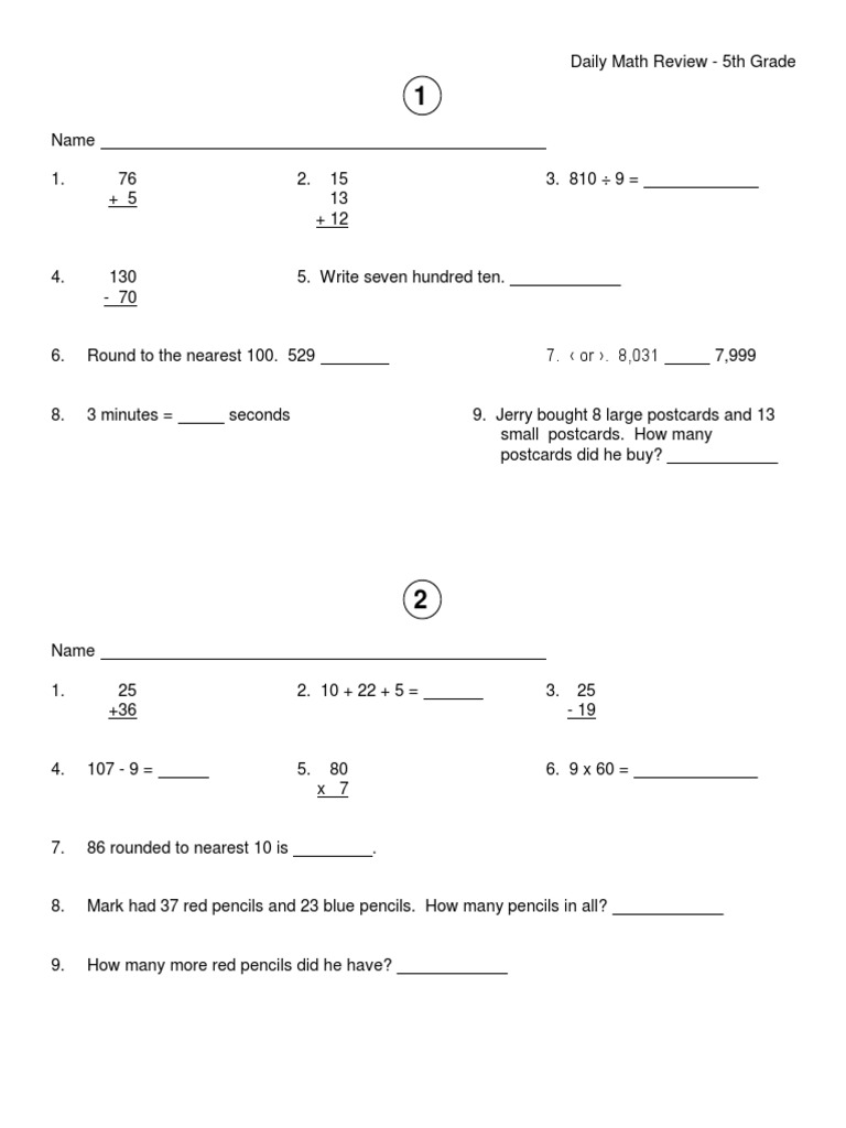 Daily Math Review Sheets Grade 5 PDF | PDF | Teaching Mathematics | Nature