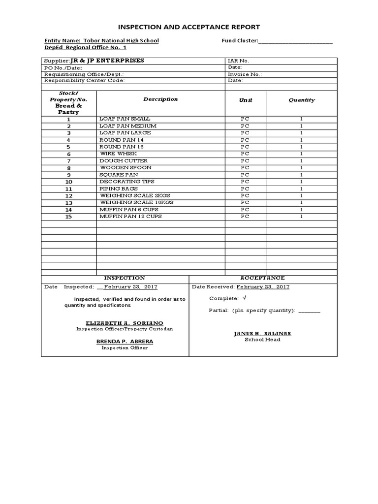 Inspection And Acceptance Report: Deped Regional Office No. 1 Jr & Jp ...