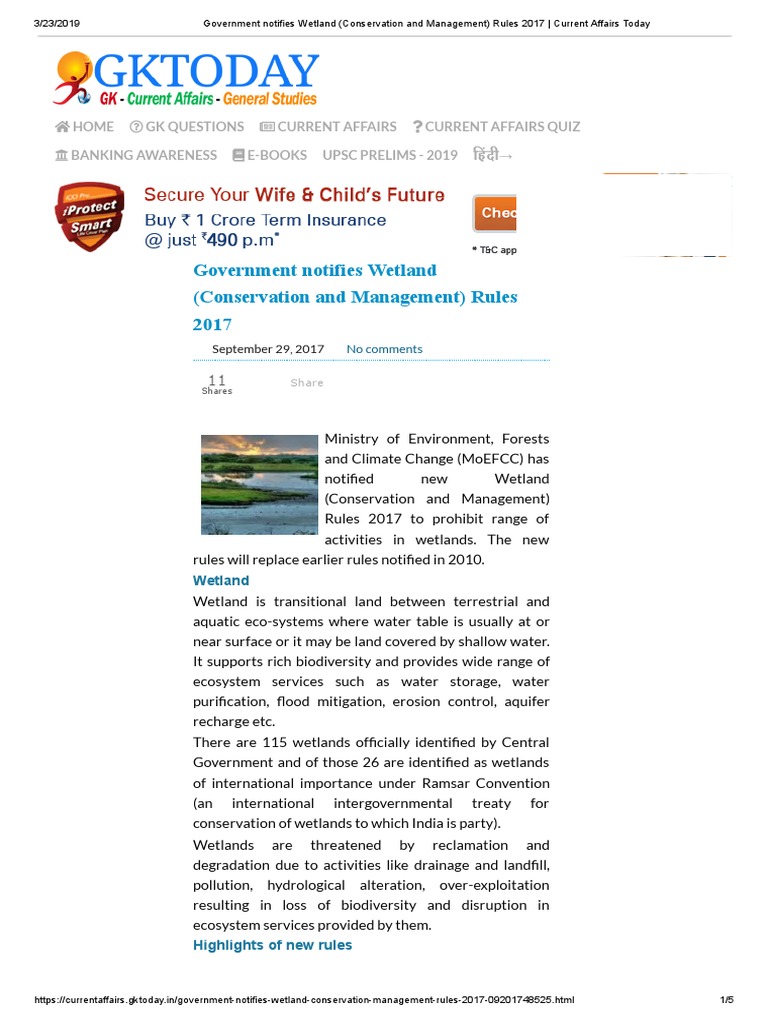 Government Notifies Wetland (Conservation and Management) Rules 2017 - Current Affairs Today ...