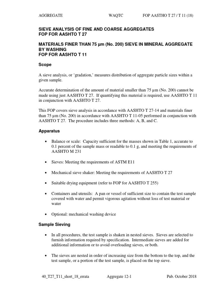 AASHTO T 27 - Sieve Analysis of Fine and Coarse Aggregates.pdf | Nature