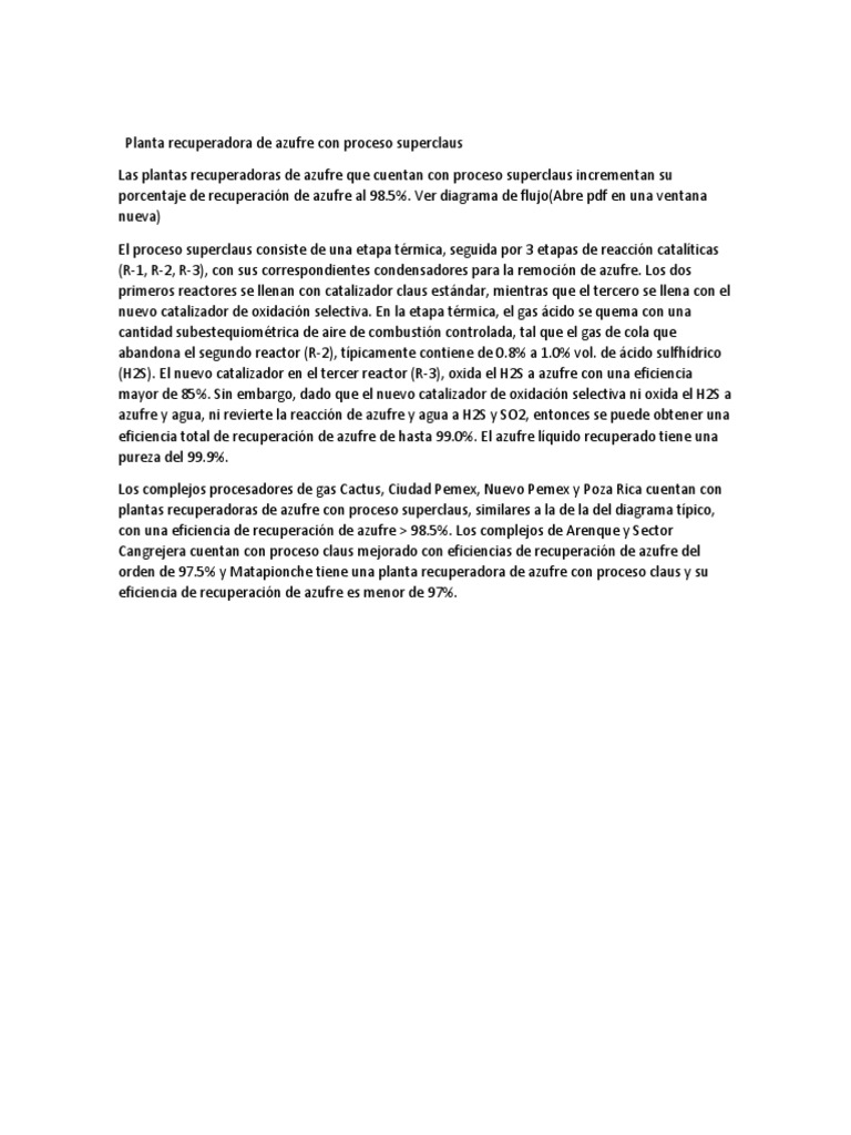 Planta Recuperadora de Azufre Con Proceso Superclaus | PDF