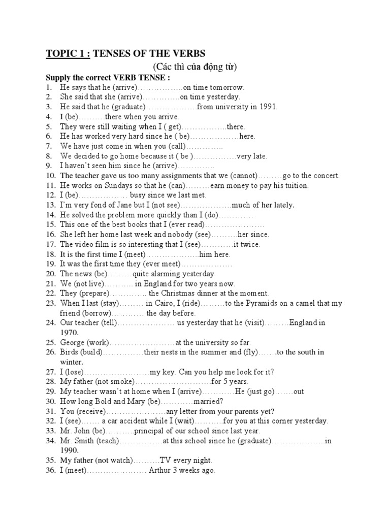Verb Tenses and Forms: An Analysis of Examples Requiring the Correct ...