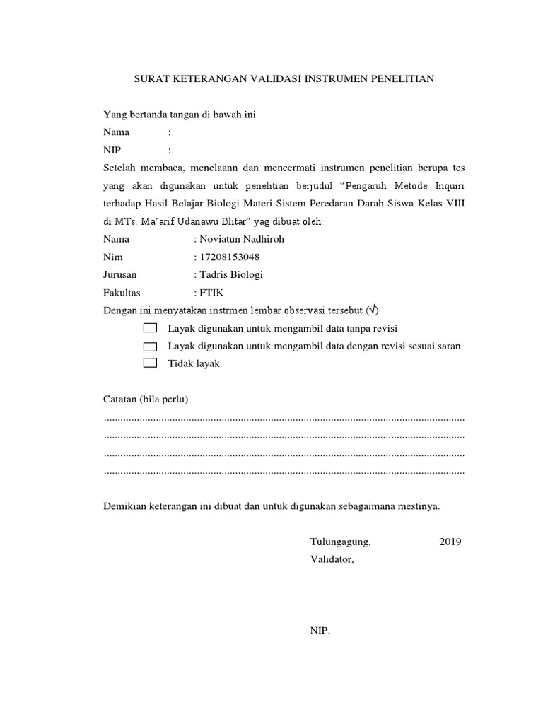 Surat Keterangan Validasi Instrumen Penelitian | PDF