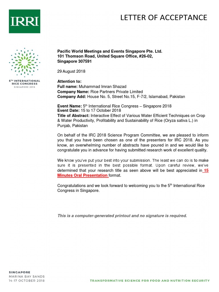 Acceptance Letter For Abstract Submission - For Muhammad Imran Shazad ...