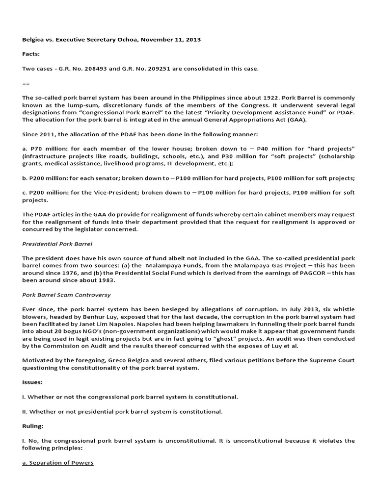 Belgica vs. Executive Secretary Ochoa, November 11, 2013 Facts | PDF ...