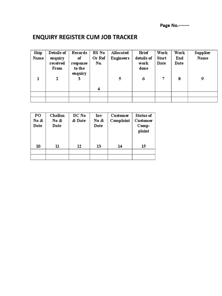 Enquiry Register Cum Job Tracker: Page No. | PDF