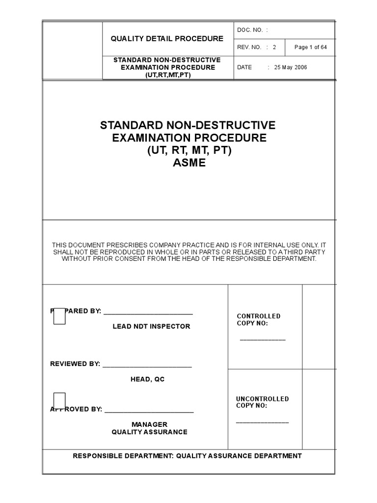 Non Destructive Testing Procedure UT, RT, MT, PT (ASME) | PDF ...