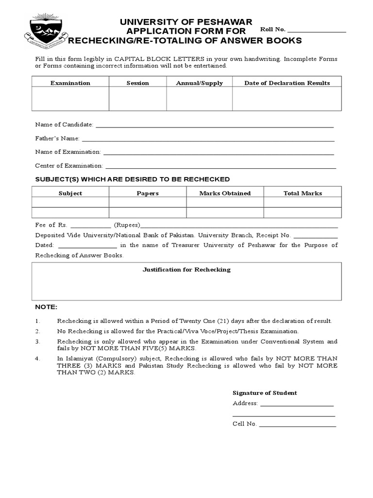 University of Peshawar Application Form For Rechecking/Re-Totaling of ...