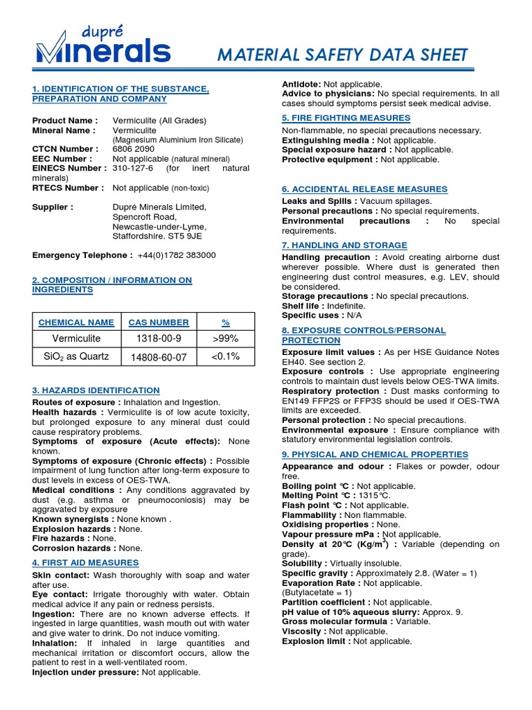 Material Safety Data Sheet: (Magnesium Aluminium Iron Silicate ...