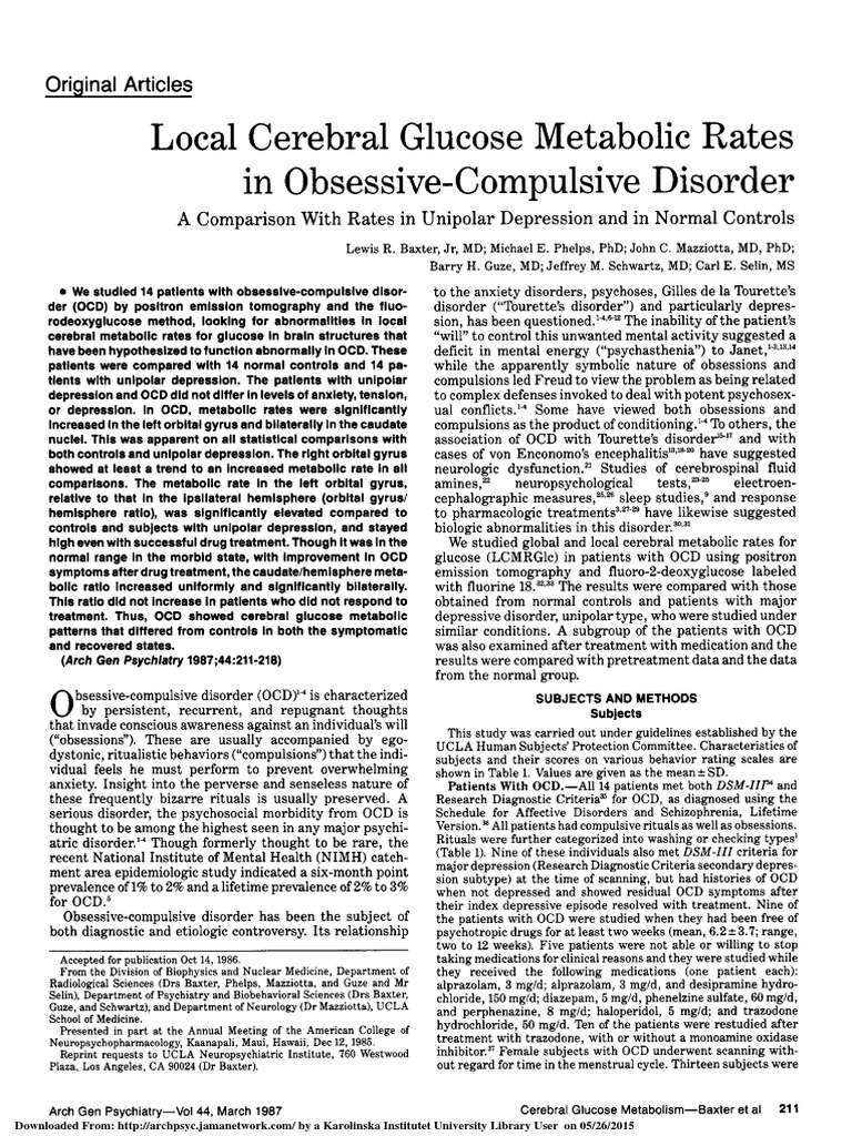 Baxter, 1987. Local Cerebral Glucose Metabolic Rates in OCD | PDF ...