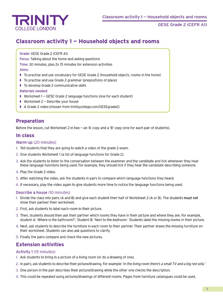 GESE G2 - Classroom Activity 1 - Household Objects and Rooms | PDF ...