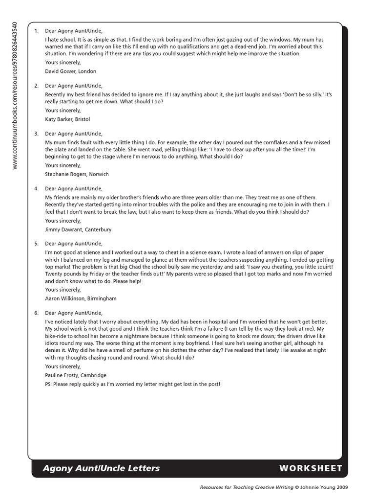 Agony Aunt/Uncle Letters: Worksheet | PDF