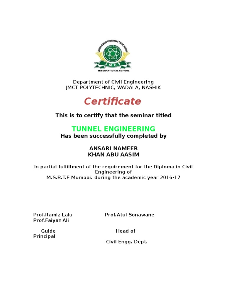 Certificate: Tunnel Engineering | PDF