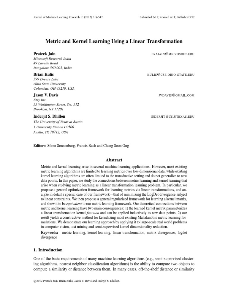 Metric and Kernel Learning Using A Linear Transformation: Prateek Jain | PDF | Matrix ...